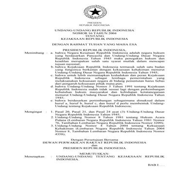 UU Nomor 16 Tahun 2004.pdf UNDANG-UNDANG REPUBLIK INDONESIA NOMOR 16 TAHUN 2004 TENTANG ...