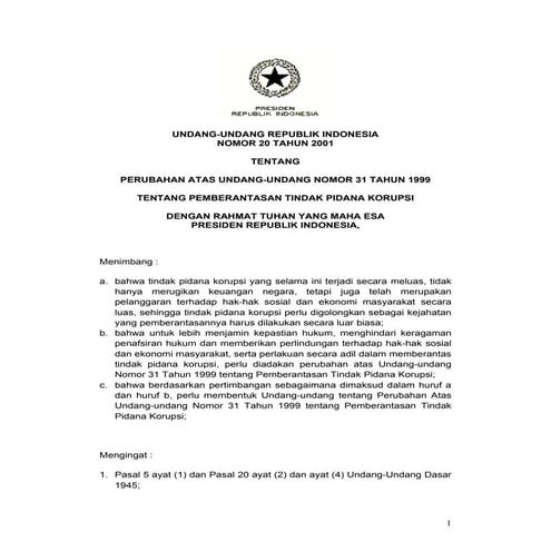 Uu nomor 20 tahun 2001 tentang perubahan atas uu nomor 31 ta | PDF