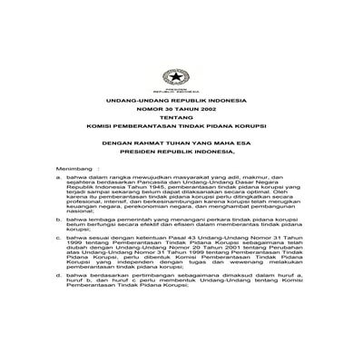 Uu nomor 30 tahun 2002 tentang komisi pemberantasan tindak p | PDF