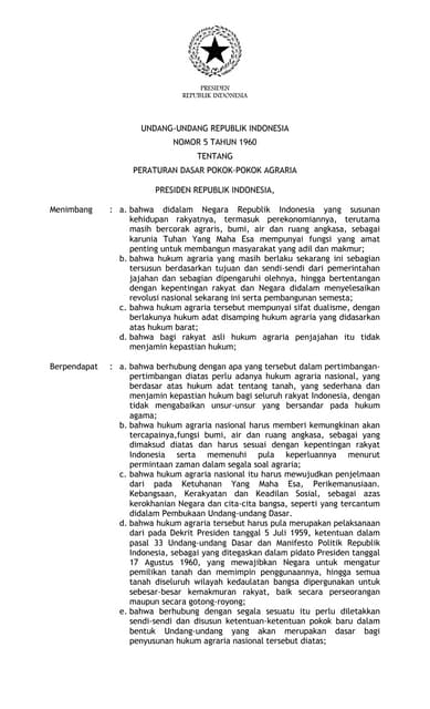 UU Nomor 5 Tahun 1960 Tentang Pokok Pokok Dasar Agraria | DOC