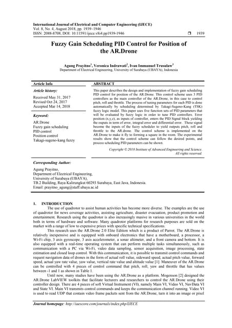 Fuzzy Gain Scheduling Pid Control For Position Of The Ar Drone Pdf Radio Control Hobbies