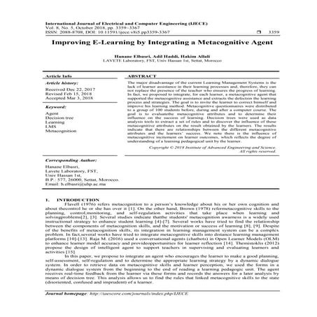 Improving E-Learning by Integrating a Metacognitive Agent | PDF