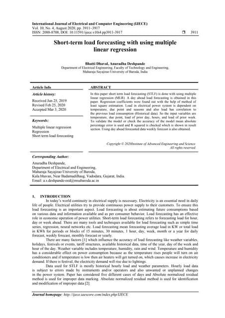 Short Term Load Forecasting With Using Multiple Linear Regression Pdf