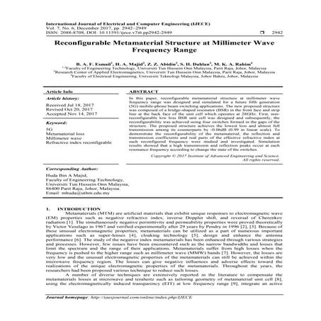 Reconfigurable Metamaterial Structure at Millimeter Wave Frequency Range | PDF | Physics | Science