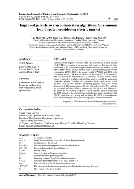 Modified moth swarm algorithm for optimal economic load dispatch problem | PDF | Beekeeping ...