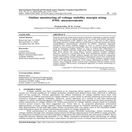 Online monitoring of voltage stability margin using PMU measurements | PDF