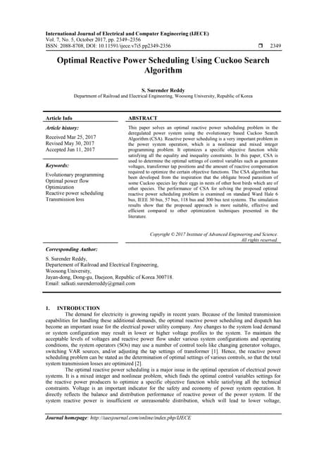 Optimal Reactive Power Scheduling Using Cuckoo Search Algorithm Pdf