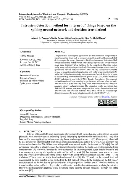 Intrusion Detection Method For Internet Of Things Based On The Spiking
