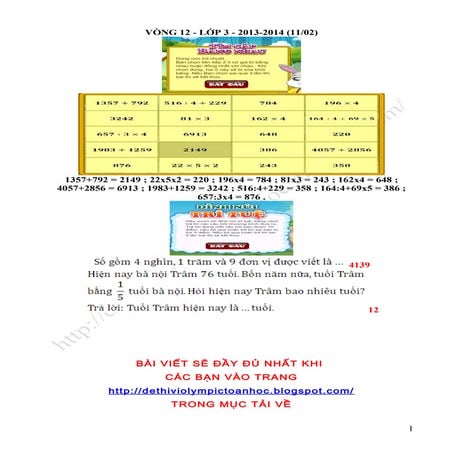 Đề thi violympic lớp 3 vòng 12 | DOC