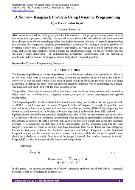 A Survey- Knapsack Problem Using Dynamic Programming | PDF A Survey- Knapsack Problem Using Dynamic Programming | PDF