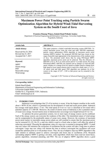 Maximum Power Point Tracking Using Particle Swarm Optimization Algorithm For Hybrid Wind Tidal