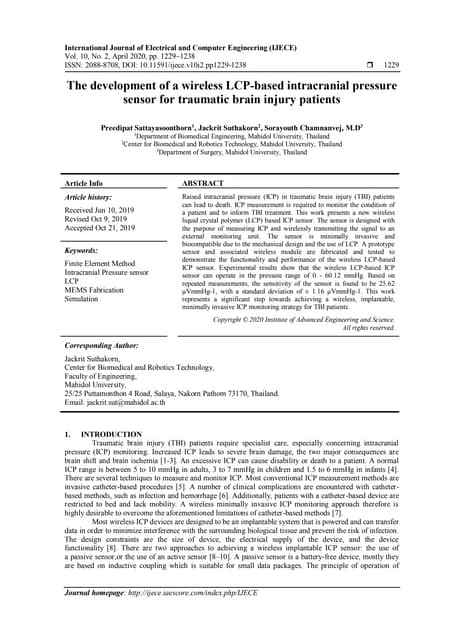Readout and functional electronics for intracranial pressure icp sensor ...