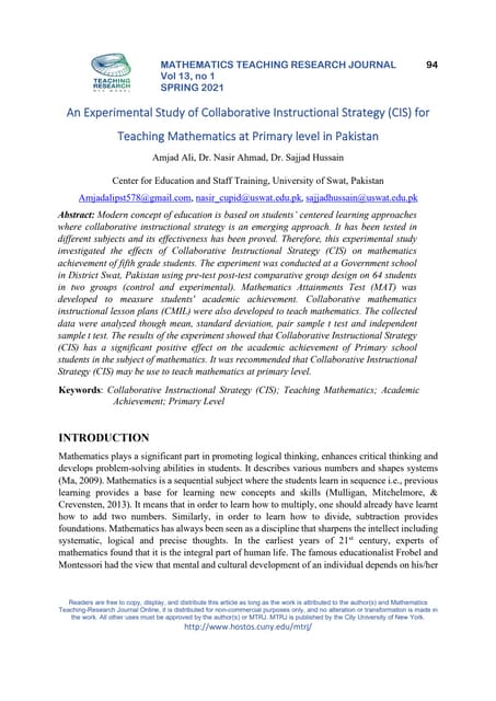 An Experimental Study Of Collaborative Instructional Strategy CIS For an-experimental-study-of-collaborative-instructional-strategy-cis-for