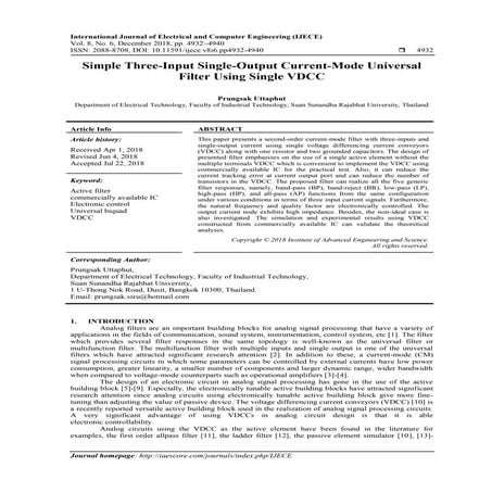Simple Three Input Single Output Current Mode Universal Filter Using Single Vdcc Pdf 