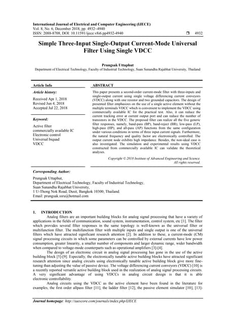 Simple Three Input Single Output Current Mode Universal Filter Using Single Vdcc Pdf