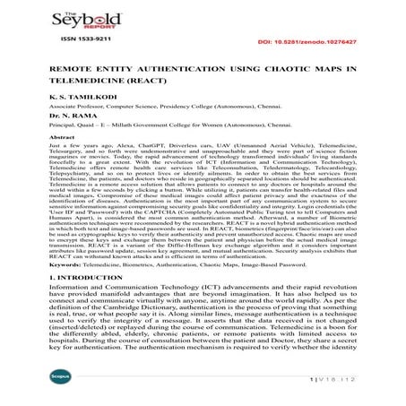 REMOTE ENTITY AUTHENTICATION USING CHAOTIC MAPS IN TELEMEDICINE (REACT) | PDF