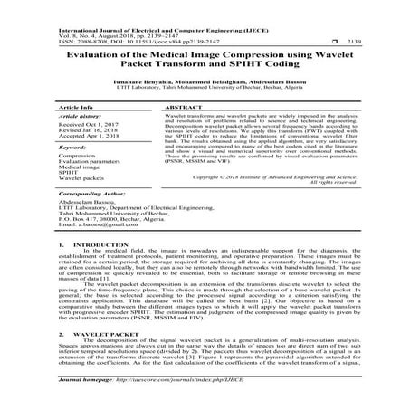 Evaluation of the Medical Image Compression using Wavelet Packet Transform and SPIHT Coding | PDF