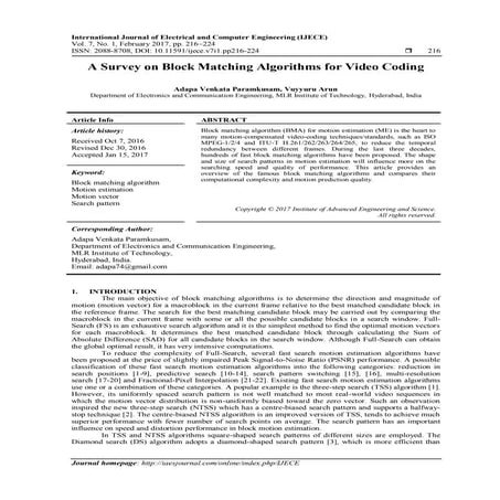 A Survey On Block Matching Algorithms For Video Coding Pdf
