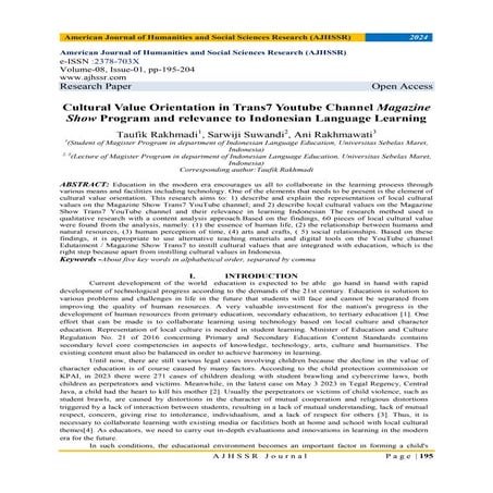 Cultural Value Orientation in Trans7 Youtube Channel Magazine Show ...