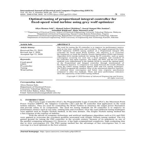 Optimal tuning of proportional integral controller for fixed-speed wind ...