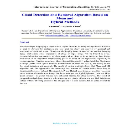 Cloud Detection And Removal Algorithm Based On Mean And Hybrid Methods Pdf