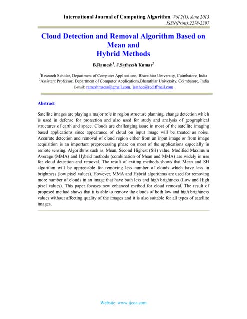 Cloud Detection And Removal Algorithm Based On Mean And Hybrid Methods Pdf