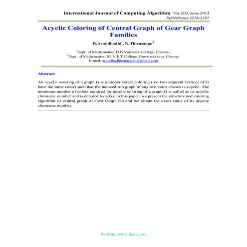 Acyclic Coloring of Central Graph of Gear Graph Families | PDF