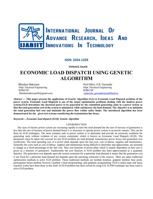 Economic Load Dispatch Using Genetic Algorithm Pdf