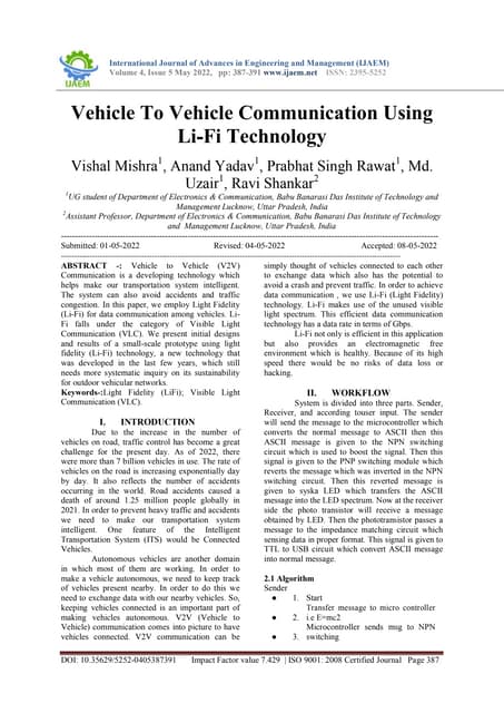 LIFI based vehicle to vehicle communication to prevent accidents | PDF