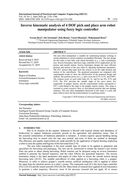 Inverse Kinematic Analysis Of 4 Dof Pick And Place Arm Robot Manipulator Using Fuzzy Logic