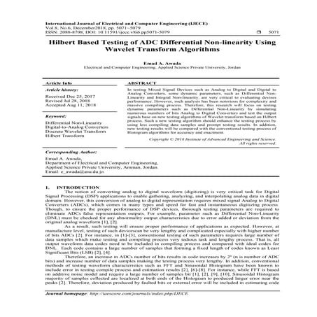 Hilbert Based Testing Of Adc Differential Non Linearity Using Wavelet Transform Algorithms Pdf