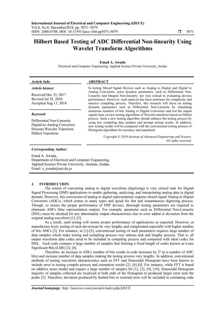 Hilbert Based Testing Of Adc Differential Non Linearity Using Wavelet Transform Algorithms Pdf