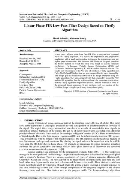 Linear Phase Fir Low Pass Filter Design Based On Firefly Algorithm Pdf