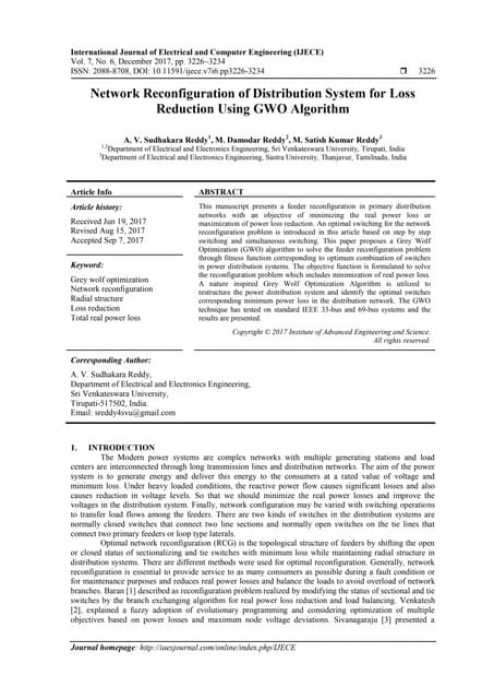 Network Reconfiguration Of Distribution System For Loss Reduction Using Gwo Algorithm Pdf