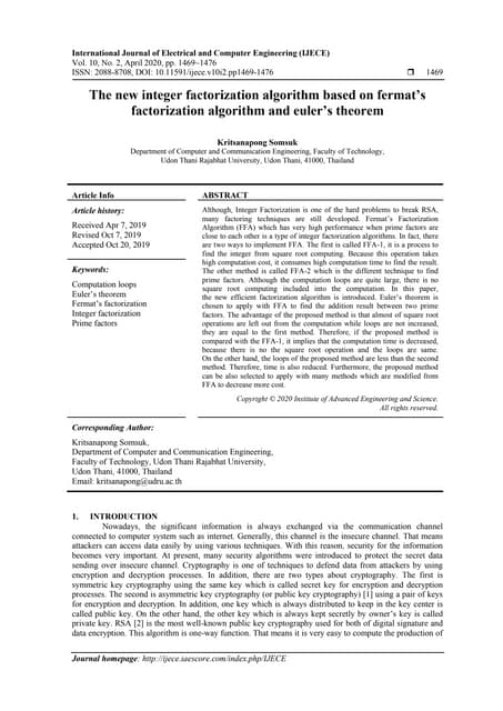The New Integer Factorization Algorithm Based On Fermat S Factorization Algorithm And Euler S