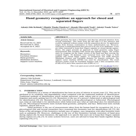 Hand geometry recognition: an approach for closed and separated fingers ...