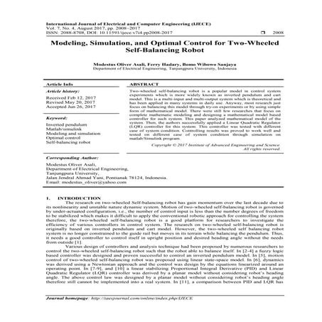 Modeling Simulation And Optimal Control For Two Wheeled Self Balancing Robot Pdf 2325
