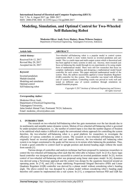 Modeling Simulation And Optimal Control For Two Wheeled Self Balancing Robot Pdf 2325