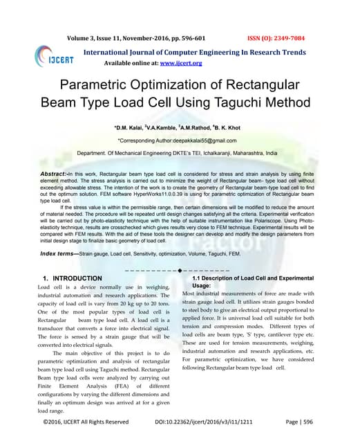 Parametric Optimization Of Rectangular Beam Type Load Cell Using