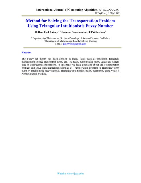 Method For Solving The Transportation Problem Using Triangular Intuitionistic Fuzzy Number Pdf