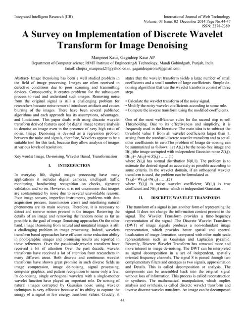 A Survey On Implementation Of Discrete Wavelet Transform For Image Denoising Pdf