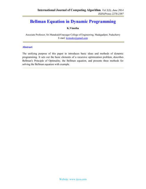 Bellman Equation In Dynamic Programming Pdf
