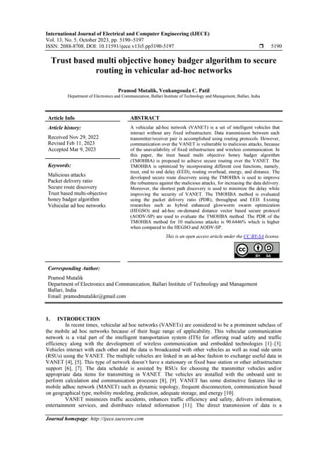Trust Based Multi Objective Honey Badger Algorithm To Secure Routing In Vehicular Ad Hoc