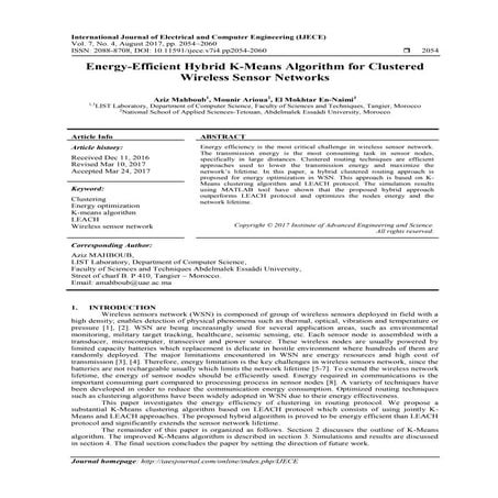 Energy Efficient Hybrid K Means Algorithm For Clustered Wireless Sensor Networks Pdf