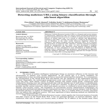 Detecting Malicious Urls Using Binary Classification Through Ada Boost Algorithm Pdf 8393