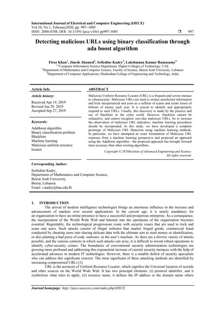 Detecting Malicious Urls Using Binary Classification Through Ada Boost Algorithm Pdf 8393