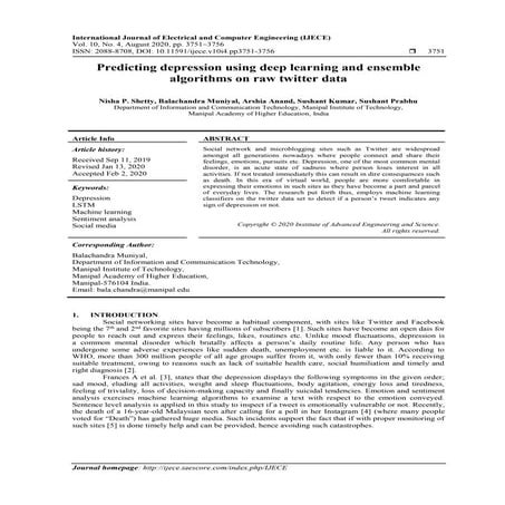 Predicting depression using deep learning and ensemble algorithms on raw twitter data | PDF