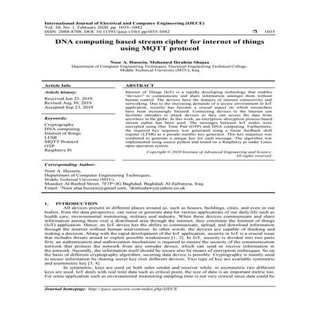 Dna Computing Based Stream Cipher For Internet Of Things Using Mqtt Protocol Pdf
