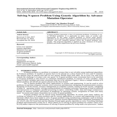 Solving N-queen Problem Using Genetic Algorithm by Advance Mutation Operator | PDF