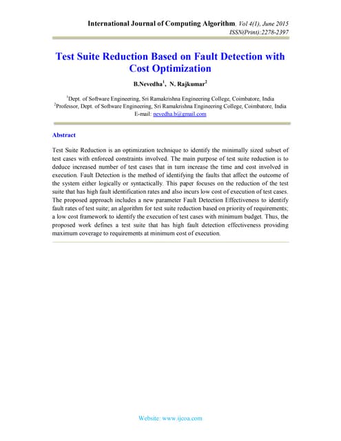 Test Suite Reduction Based On Fault Detection With Cost Optimization Pdf